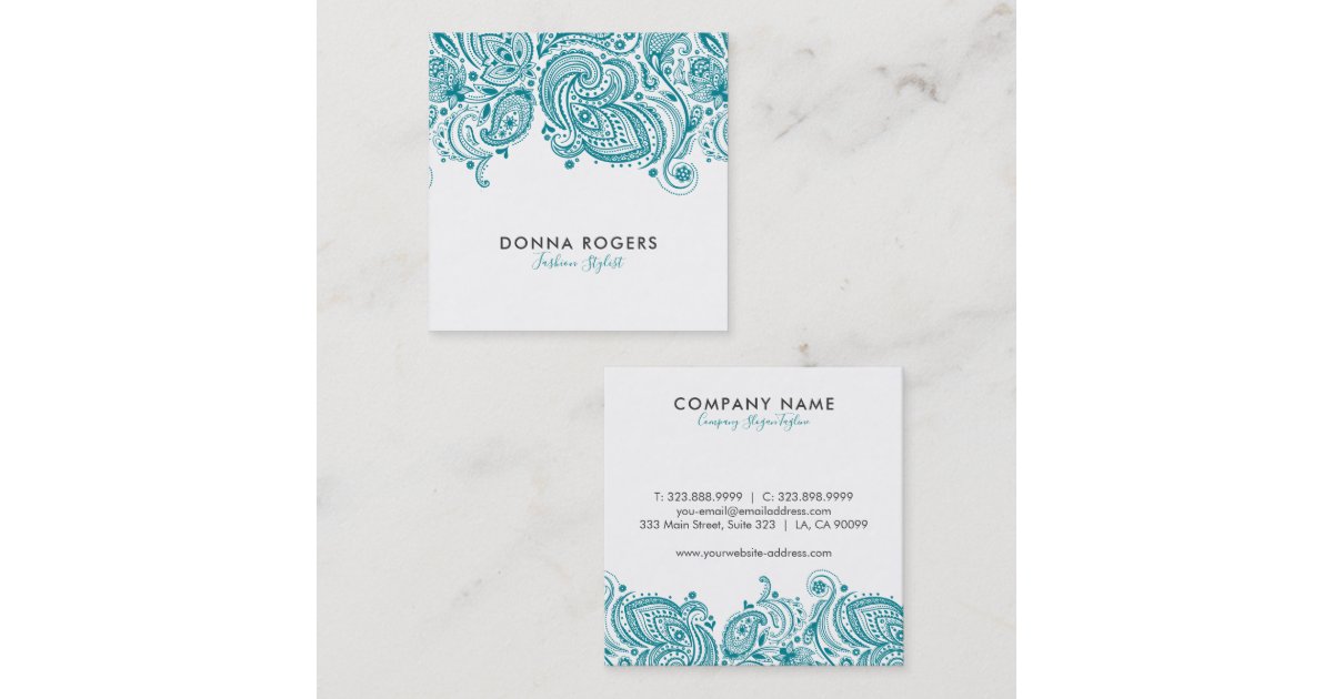 Turquoise-Blue & White Floral Paisley Lace Square Business Card | Zazzle