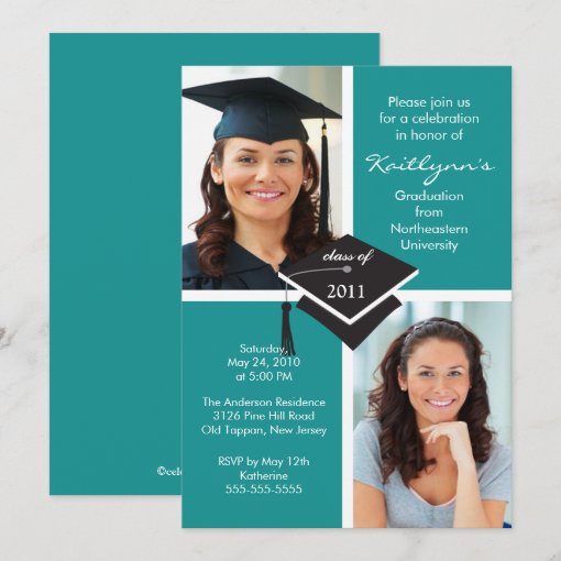 Turquoise Blue & White Photo Graduation Invitation | Zazzle