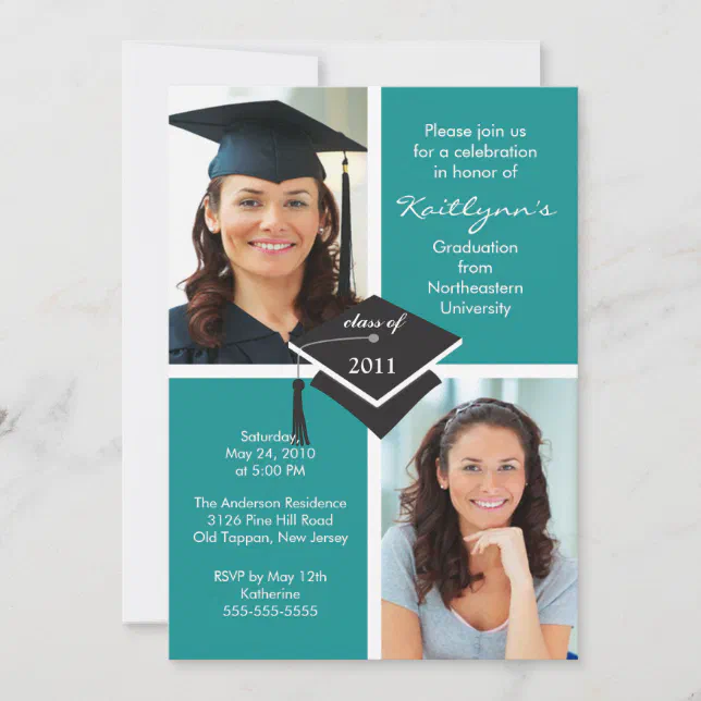 Turquoise Blue & White Photo Graduation Invitation | Zazzle