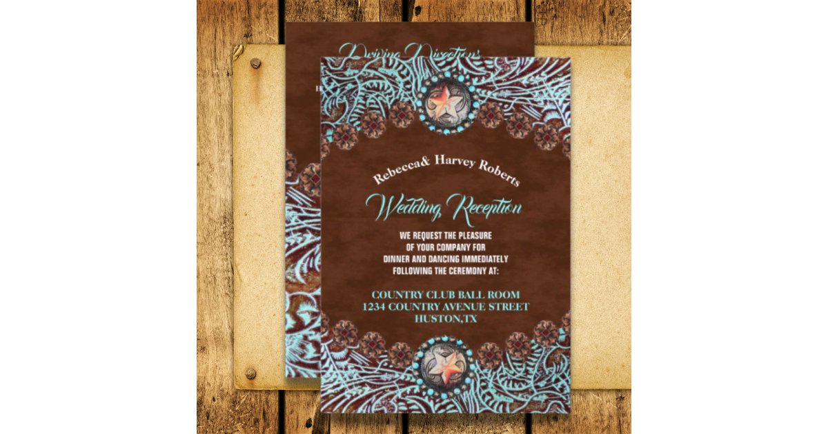 turquoise brown country western wedding reception invitation | Zazzle