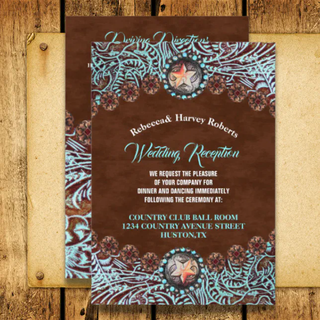 turquoise brown country western wedding reception invitation | Zazzle
