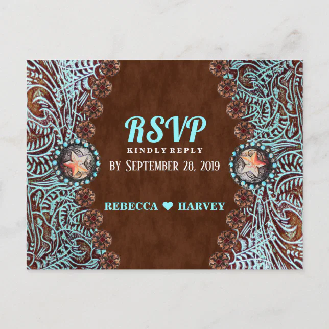 turquoise brown country western wedding RSVP Invitation Postcard | Zazzle