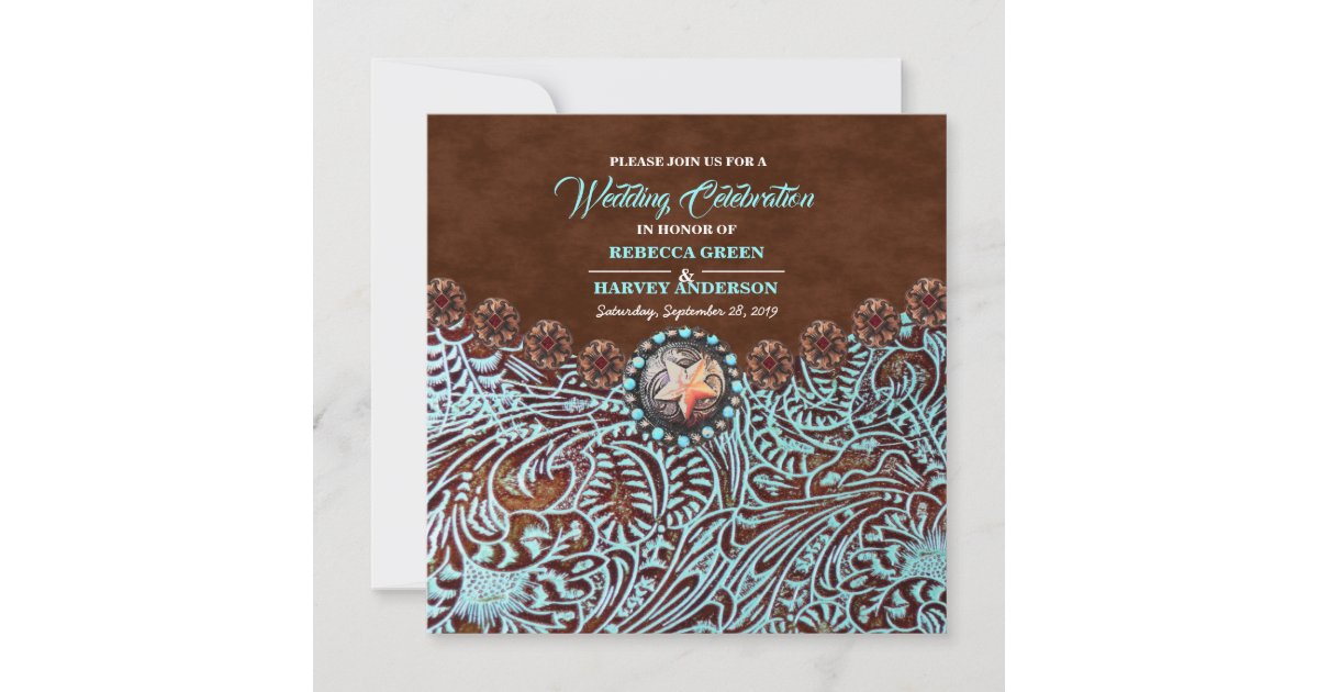 turquoise brown cowboy country western wedding invitation | Zazzle