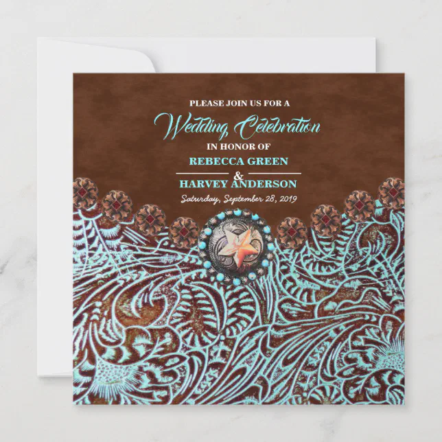 turquoise brown cowboy country western wedding invitation | Zazzle