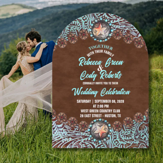 Turquoise Brown Cowboy Country Western wedding Invitation | Zazzle