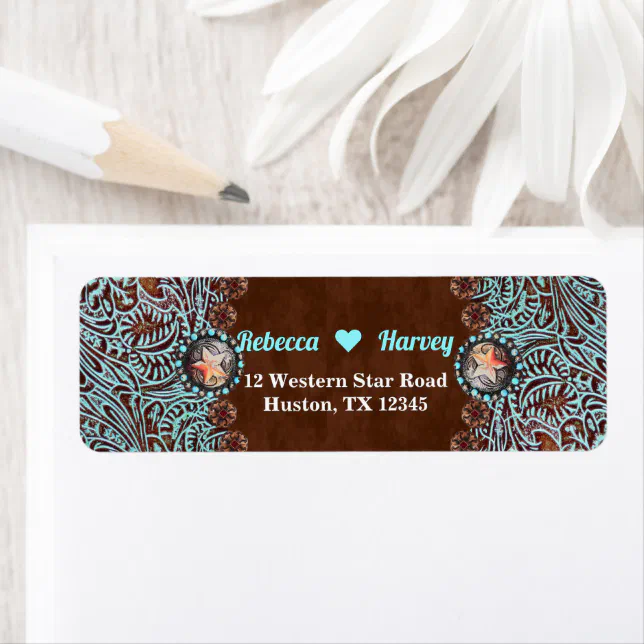 turquoise brown cowboy country western wedding label | Zazzle