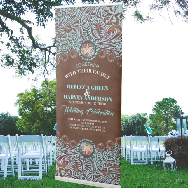 turquoise brown cowboy country western wedding retractable banner | Zazzle
