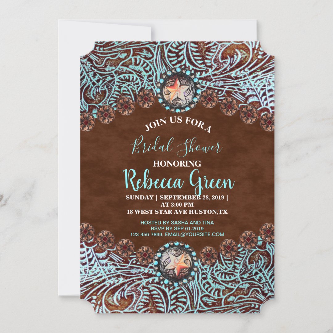 turquoise brown cowboy western bridal shower invitation | Zazzle