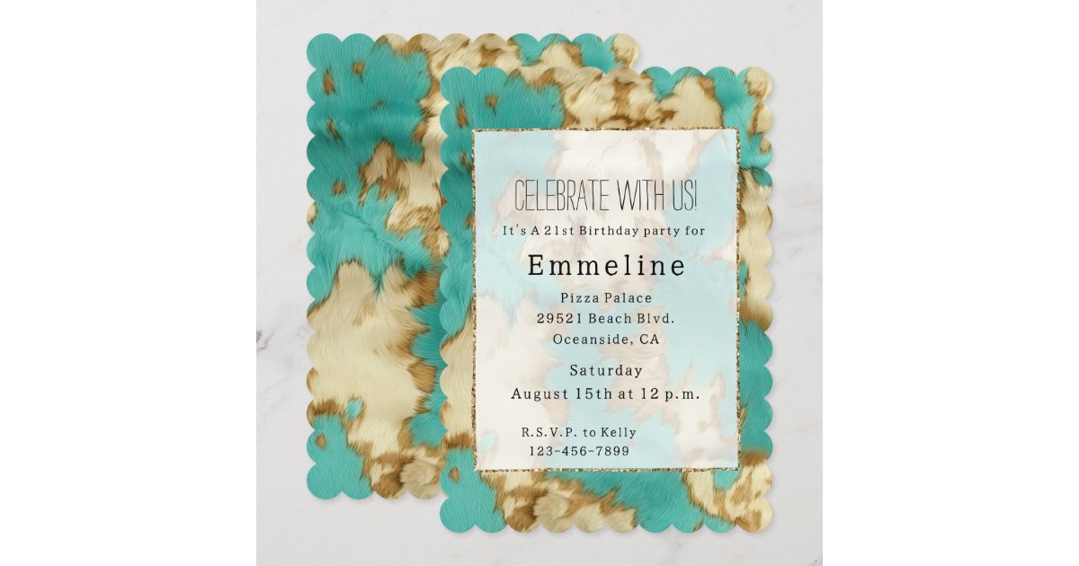 Turquoise Brown Cowhide Western Cowgirl Invitation | Zazzle