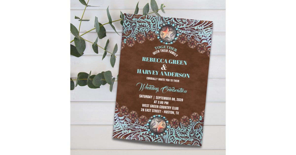 turquoise brown leather country western wedding invitation | Zazzle