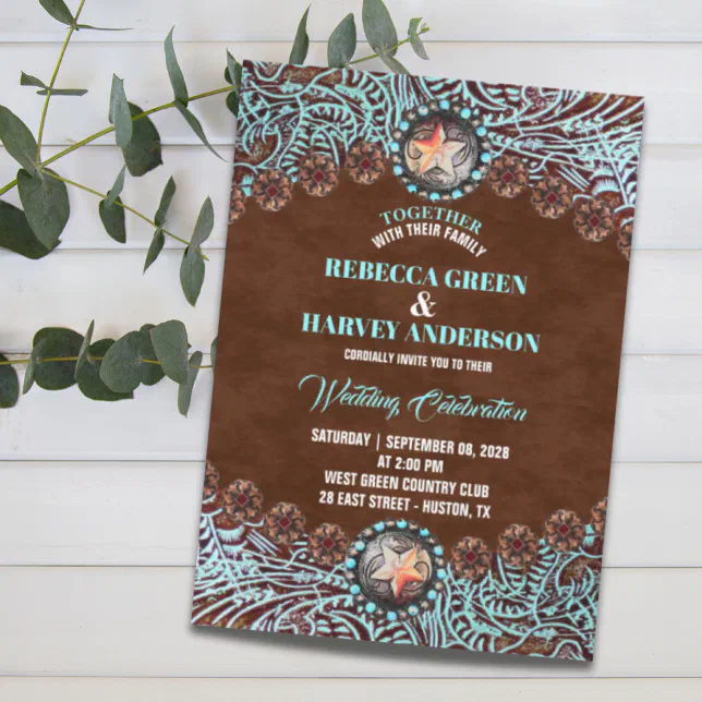 turquoise brown leather country western wedding invitation | Zazzle