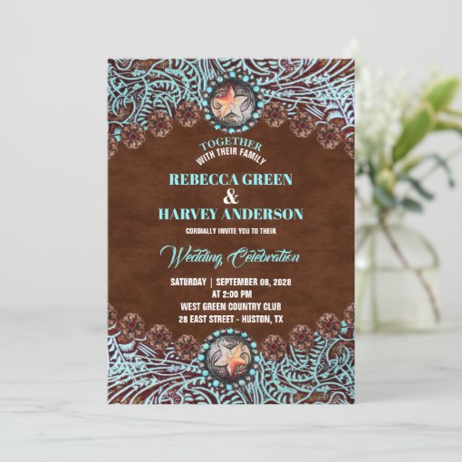 turquoise brown leather country western wedding invitation | Zazzle
