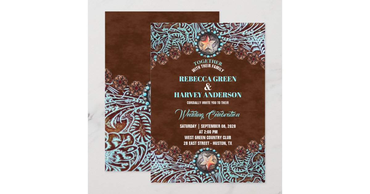 turquoise brown leather country western wedding invitation | Zazzle