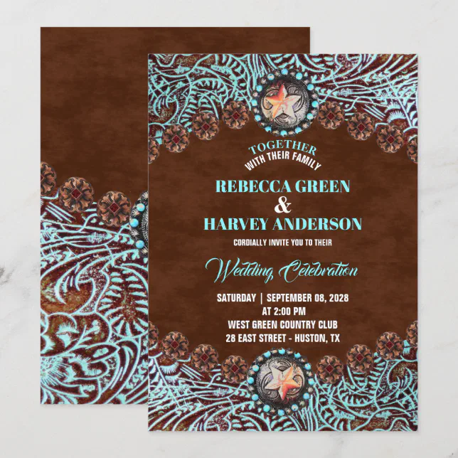 turquoise brown leather country western wedding invitation | Zazzle