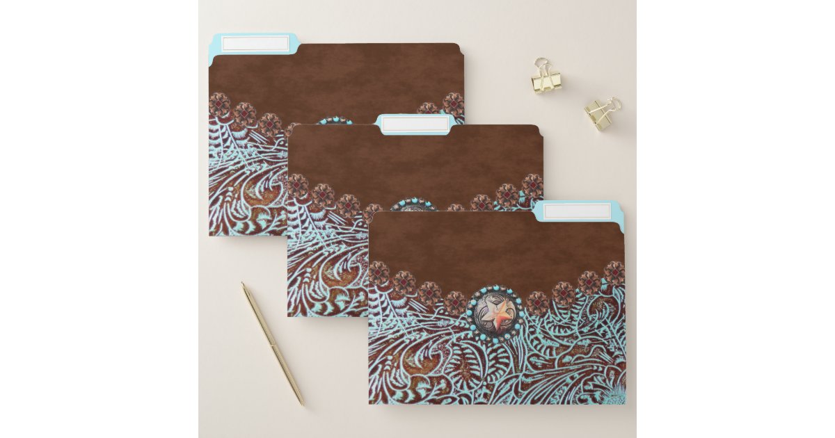 turquoise brown leather cowboy country western file folder | Zazzle
