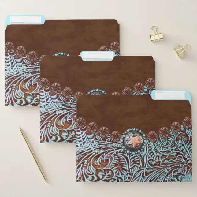 turquoise brown leather cowboy country western file folder | Zazzle