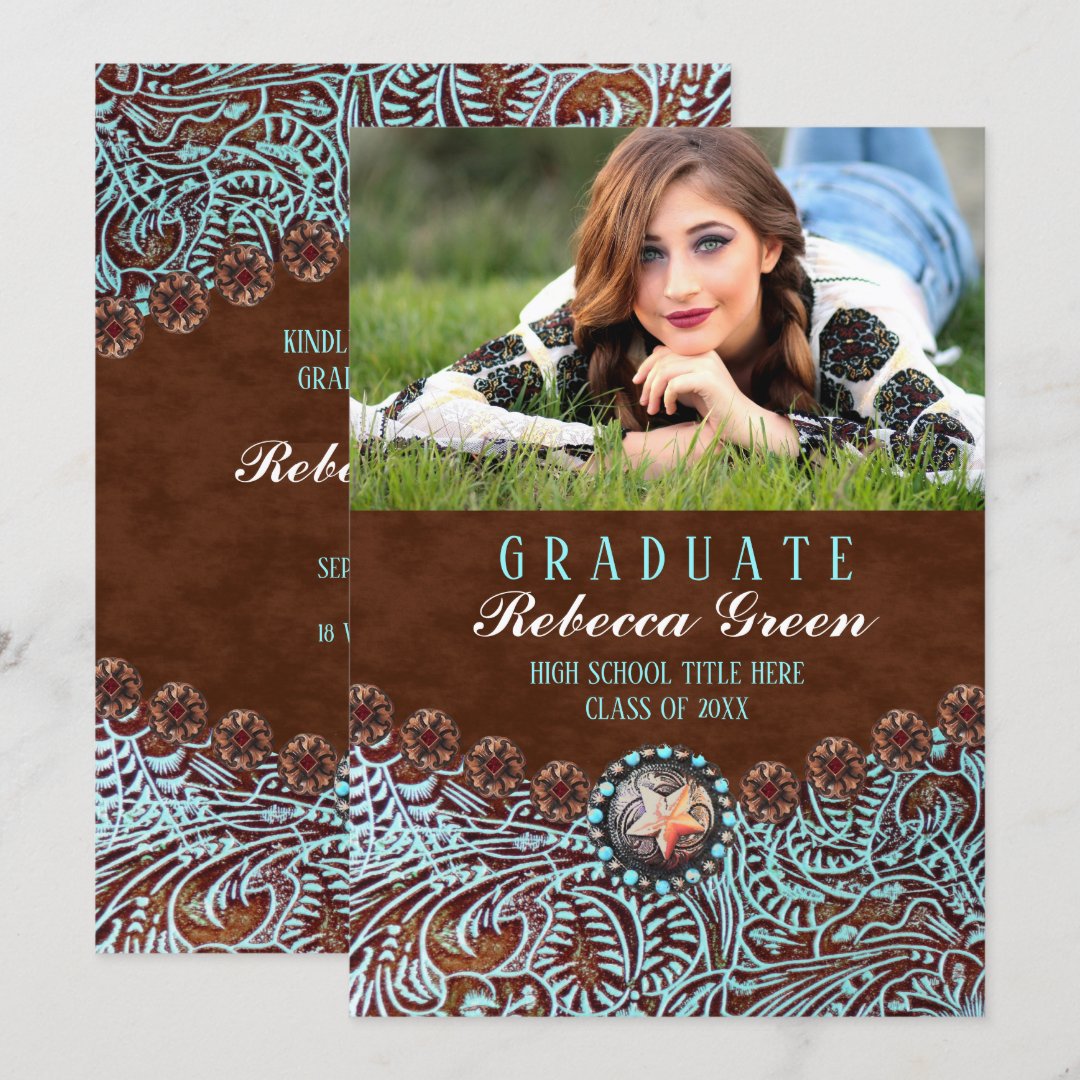 turquoise brown leather western graduation party invitation | Zazzle