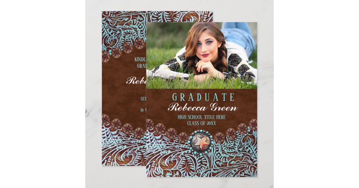 turquoise brown leather western graduation party invitation | Zazzle