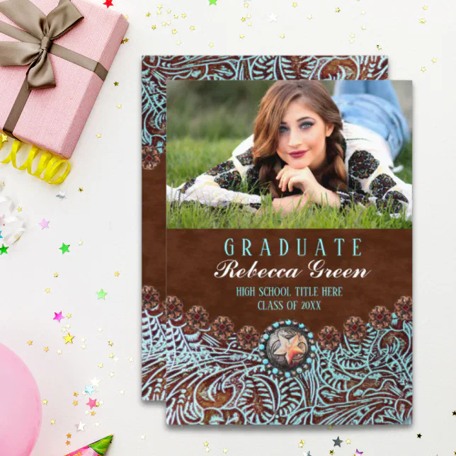 turquoise brown leather western graduation party invitation | Zazzle