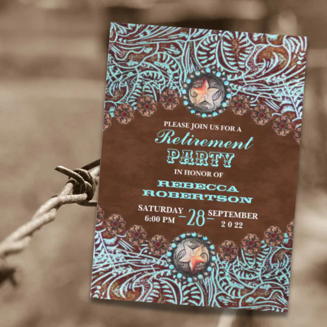 turquoise brown western country Retirement Party Invitation | Zazzle