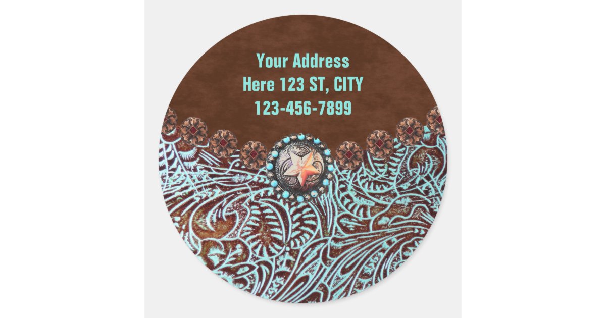 turquoise brown western country tooled leather classic round sticker ...