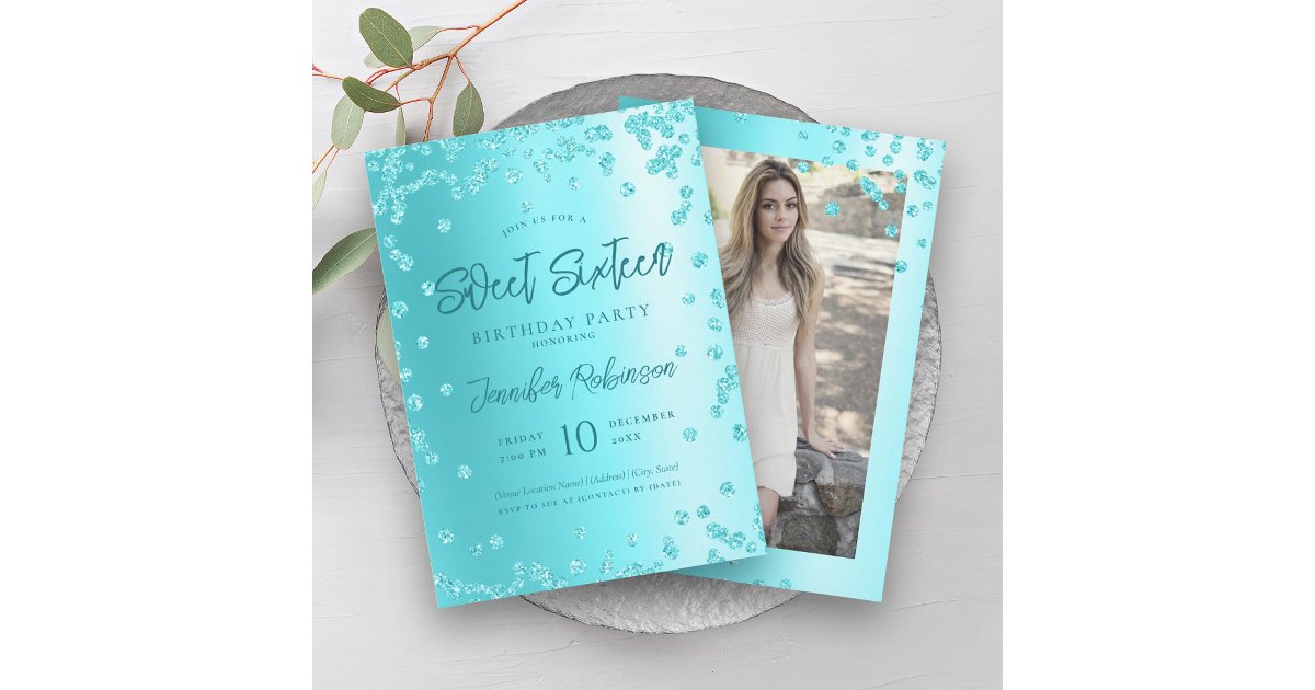 Turquoise Chic Glitter Photo Sweet 16 Invitation | Zazzle