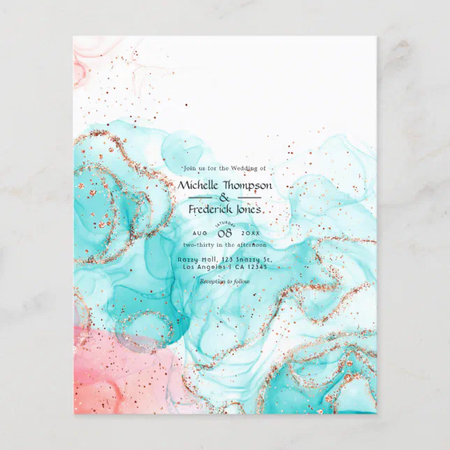 Turquoise, Coral and Gold Alcohol Ink Wedding Flyer | Zazzle