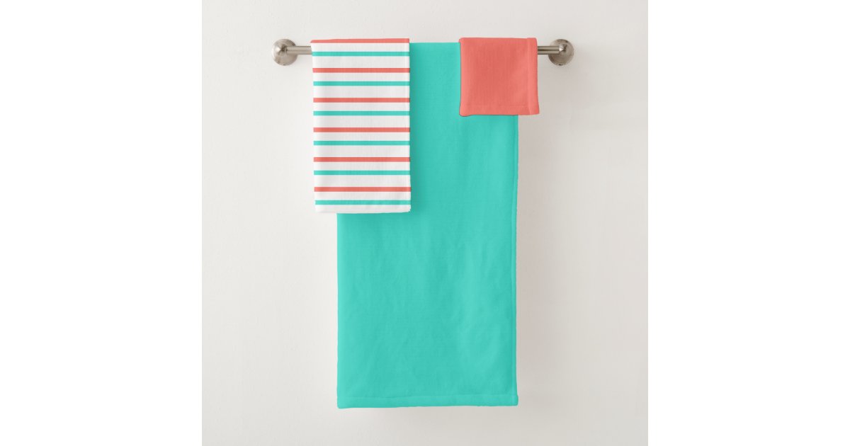 Turquoise Coral White Geometric Stripes Bath Towel Set | Zazzle