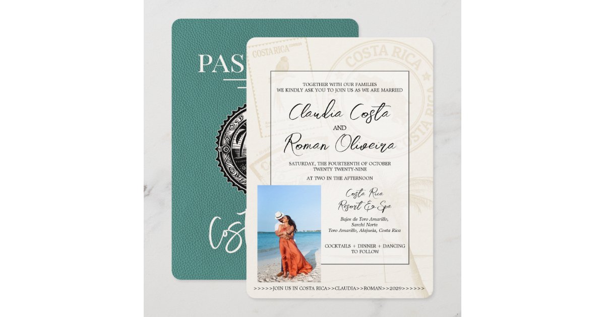 Turquoise Costa Rica Passport Wedding Invitation | Zazzle