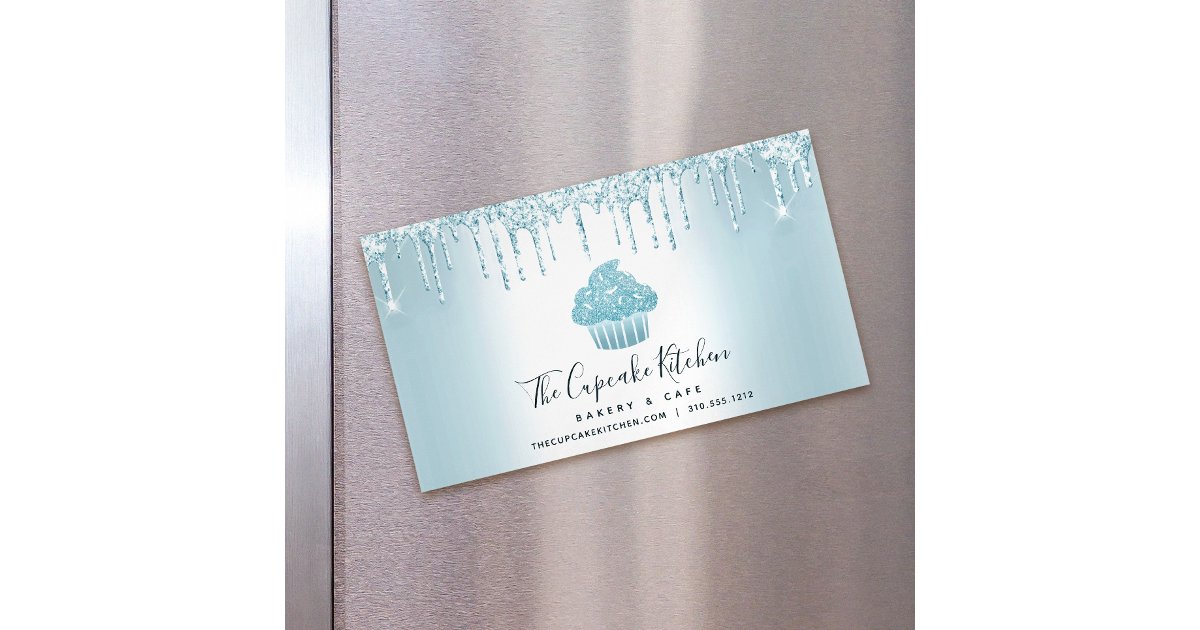 Turquoise Cupcake Bakery Pastry Chef Glitter Drips Business Card Magnet ...