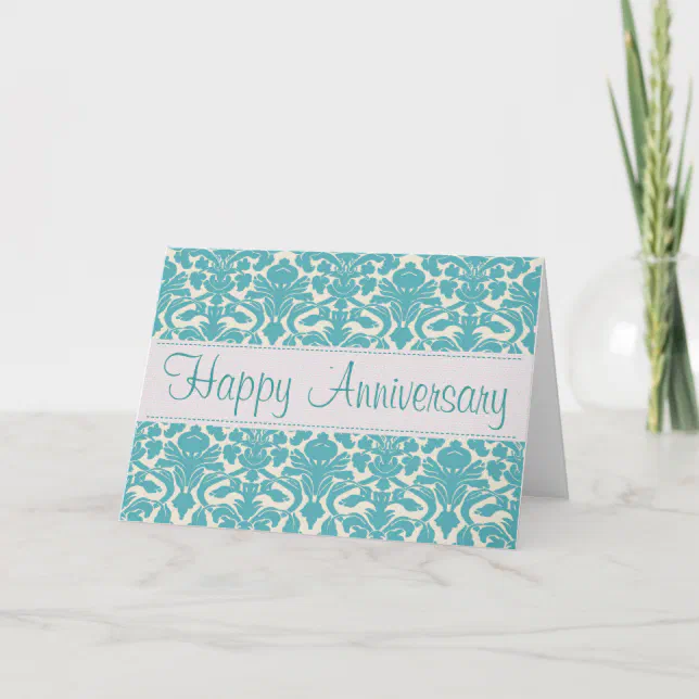 Turquoise Damask Customizable Anniversary Card | Zazzle
