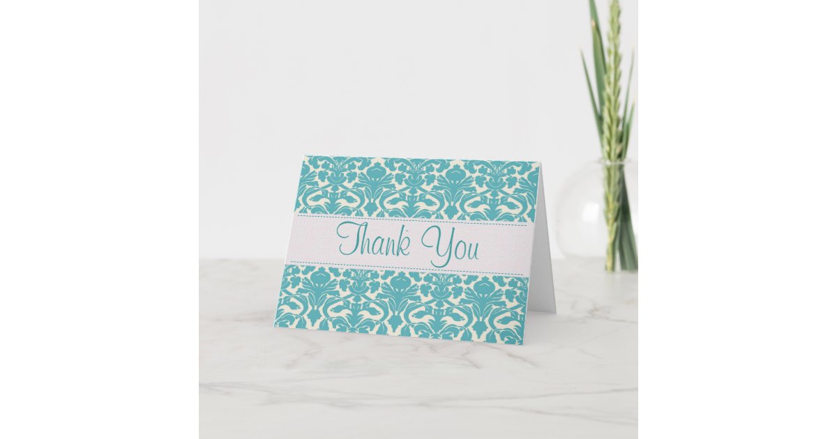 Turquoise Damask Customizable Thank You Card | Zazzle