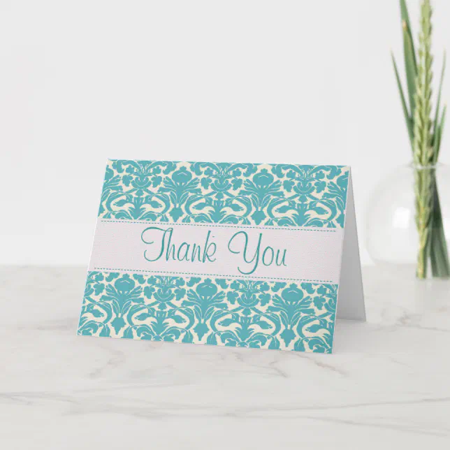 Turquoise Damask Customizable Thank You Card | Zazzle