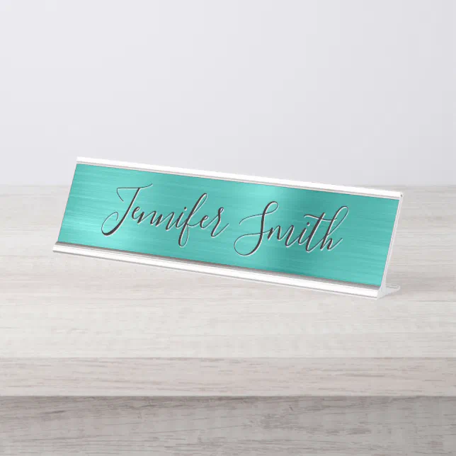 Turquoise Faux Brushed Foil Modern Calligraphy Desk Name Plate | Zazzle