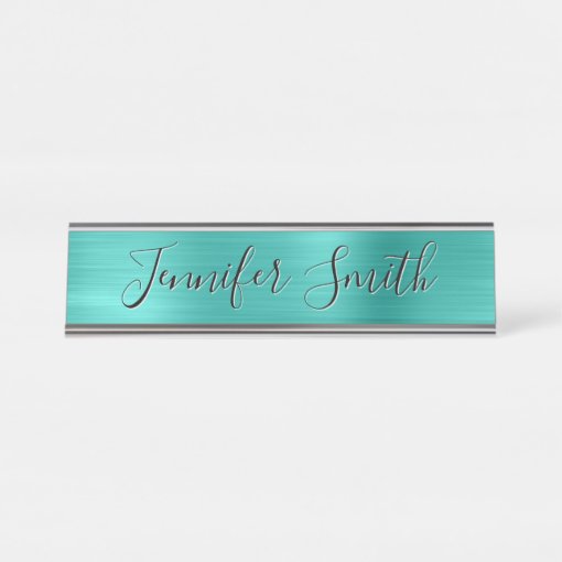 Turquoise Faux Brushed Foil Modern Calligraphy Desk Name Plate | Zazzle