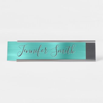 Turquoise Faux Brushed Foil Modern Calligraphy Desk Name Plate | Zazzle