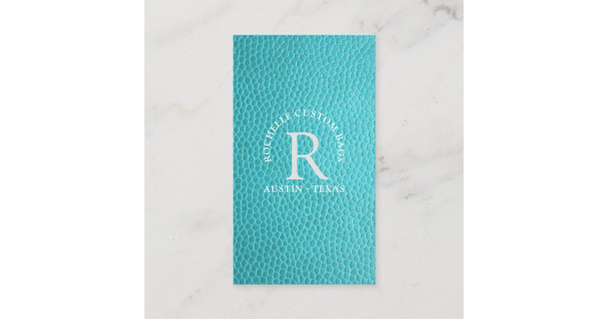 Turquoise faux leather encircled monogram business card | Zazzle