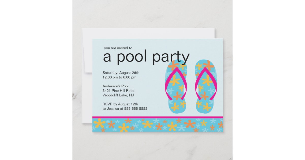 Turquoise Floral Flip Flops Pool Party Invitation | Zazzle