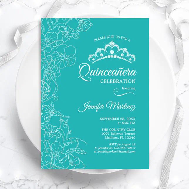 Turquoise Floral Quinceanera Party Invitation | Zazzle