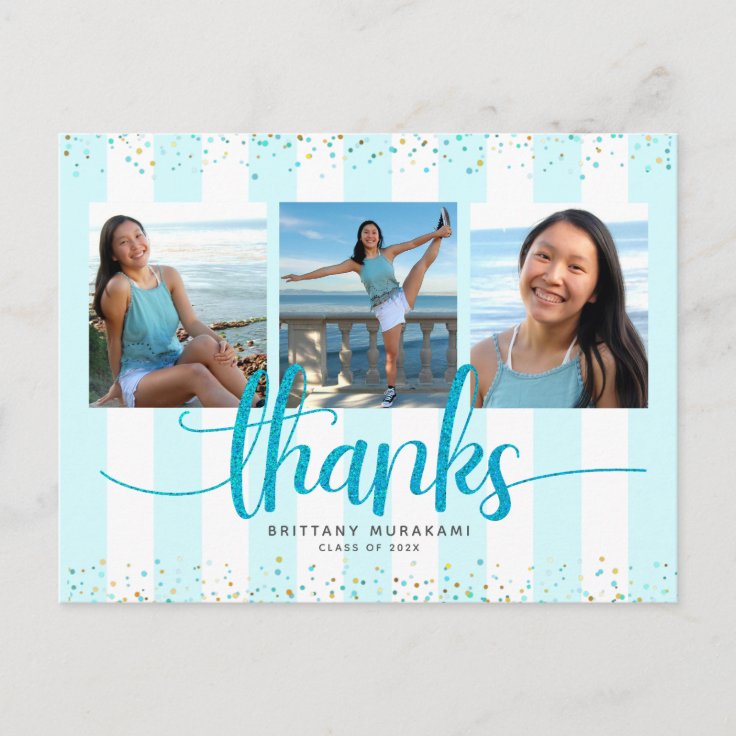 Turquoise glitter 3 photo graduation thank you postcard | Zazzle