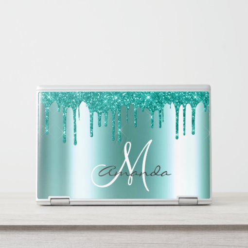 Turquoise Glitter Drips Personalized Monogram HP Laptop Skin | Zazzle