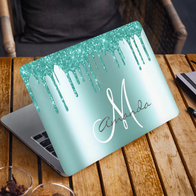 Turquoise Glitter Drips Personalized Monogram HP Laptop Skin | Zazzle