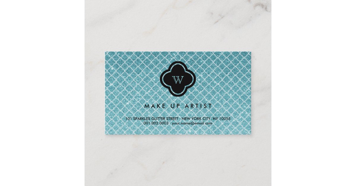 Turquoise Glitter Monogram Quatrefoil Profile Card | Zazzle