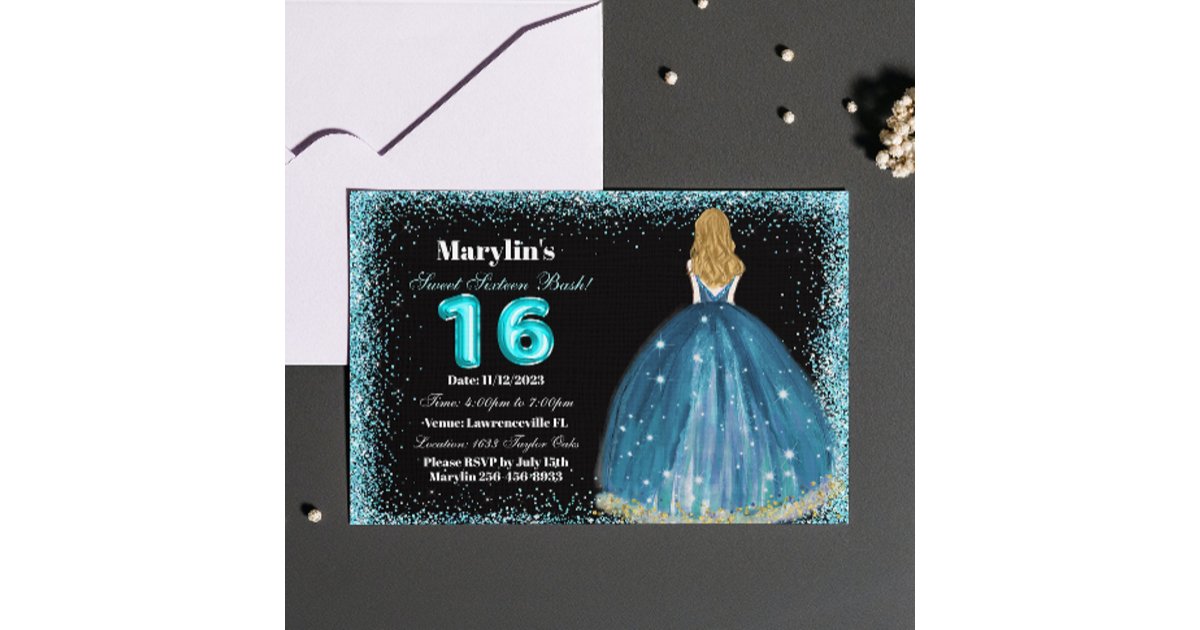 Turquoise Glitter Princess Extravaganza Sweet 16 Invitation | Zazzle