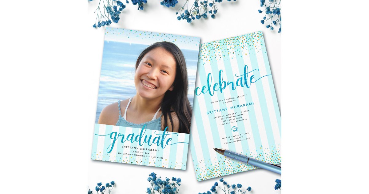 Turquoise glitter script graduation photo modern invitation | Zazzle