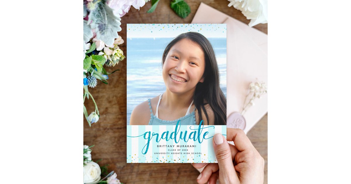 Turquoise glitter script photo graduation modern announcement | Zazzle