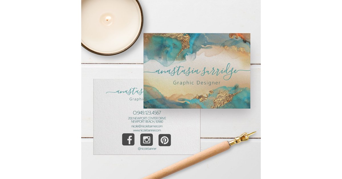 Turquoise Gold Abstract Watercolor Business Card | Zazzle