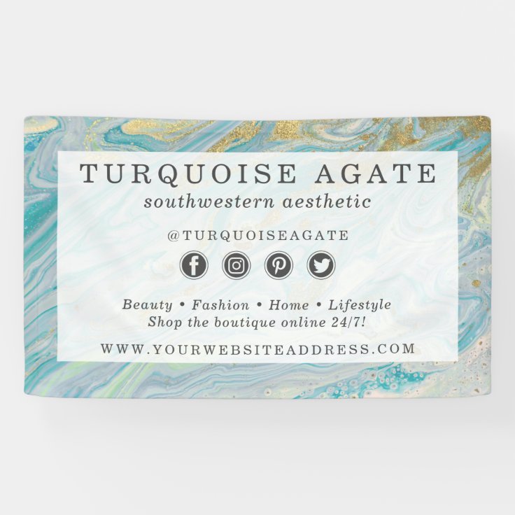 Turquoise & Gold Agate Stone Geode Marble Swirl Banner | Zazzle