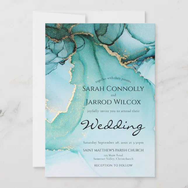 Turquoise Gold Black Moody Wedding Invitation | Zazzle