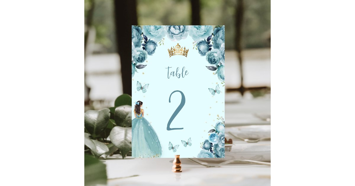 Turquoise Gold Floral Princess Quinceañera Table Number | Zazzle